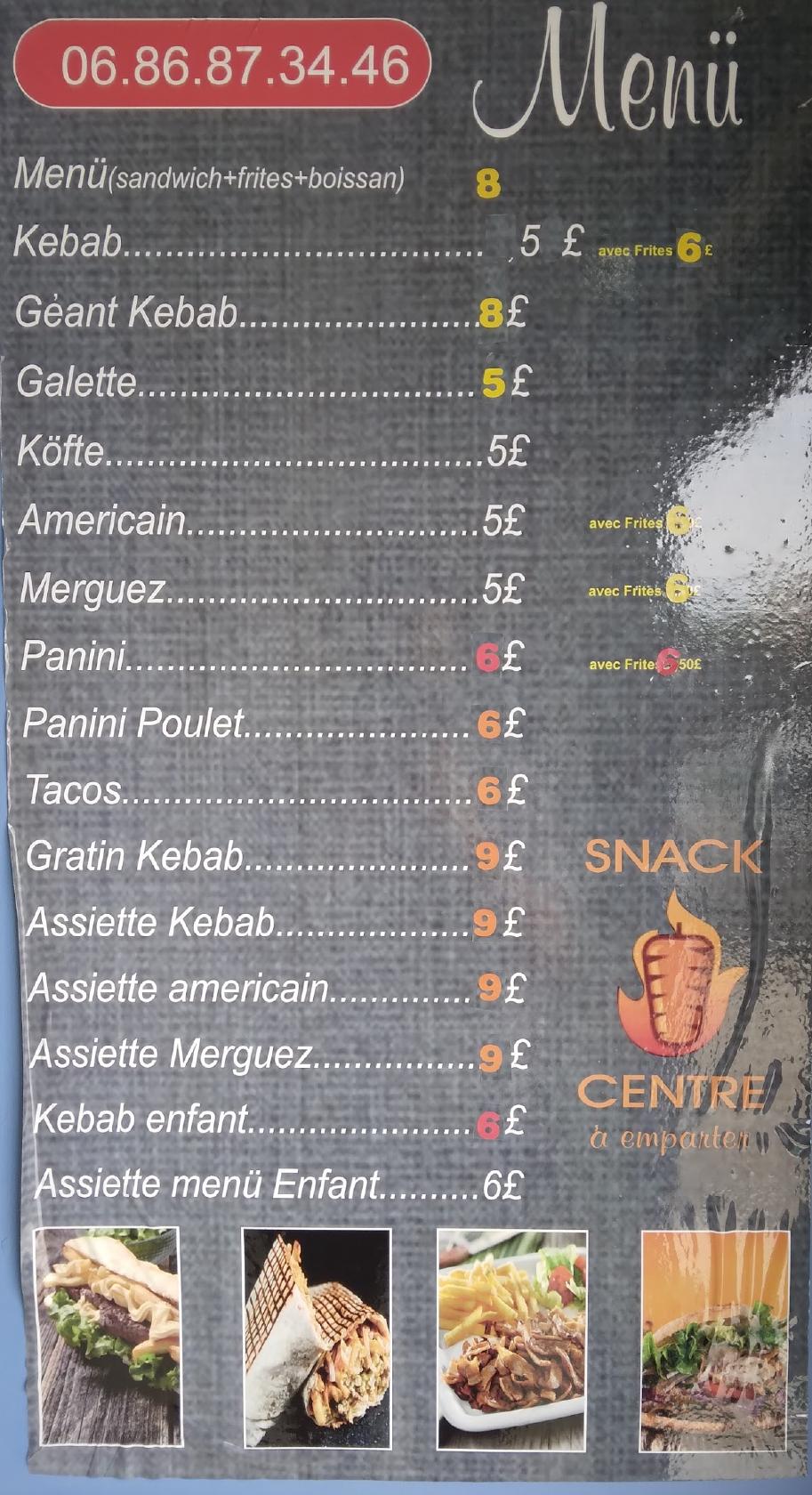 Menu au Snack Centre restaurant, Étupes