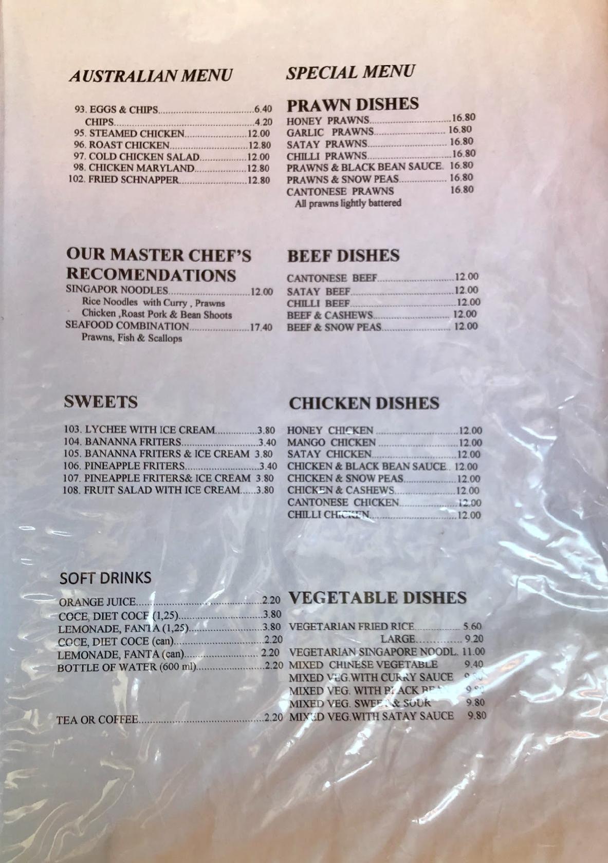 Menu at Tai Wah fast food, Mentone