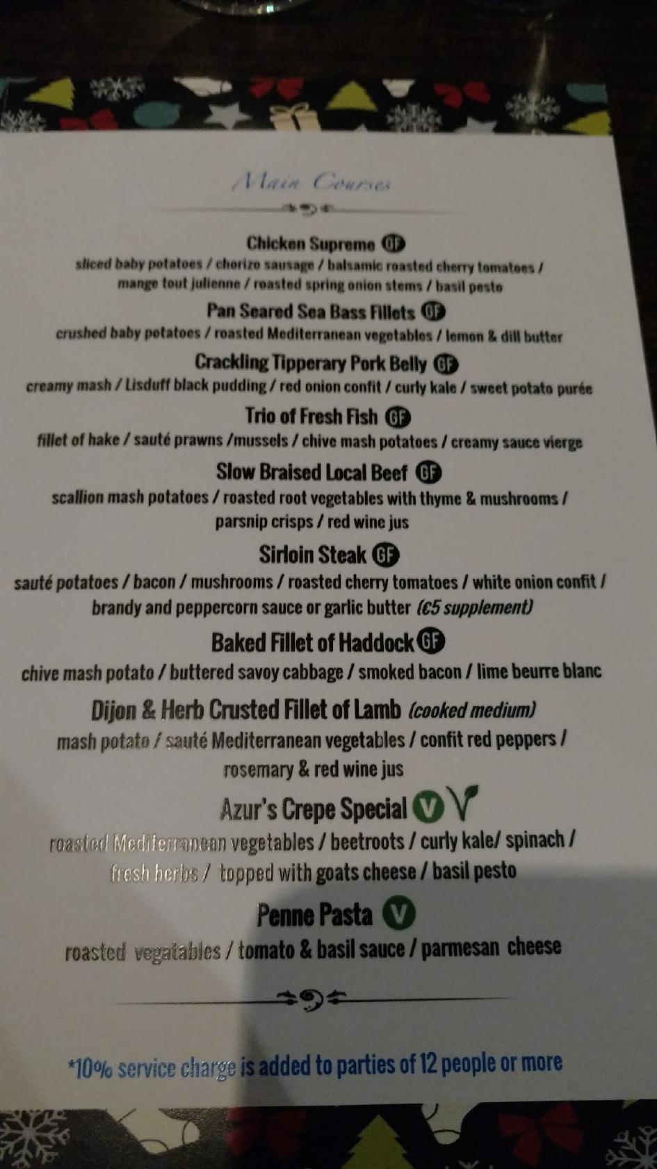 Menu at The Locke Bar, Limerick