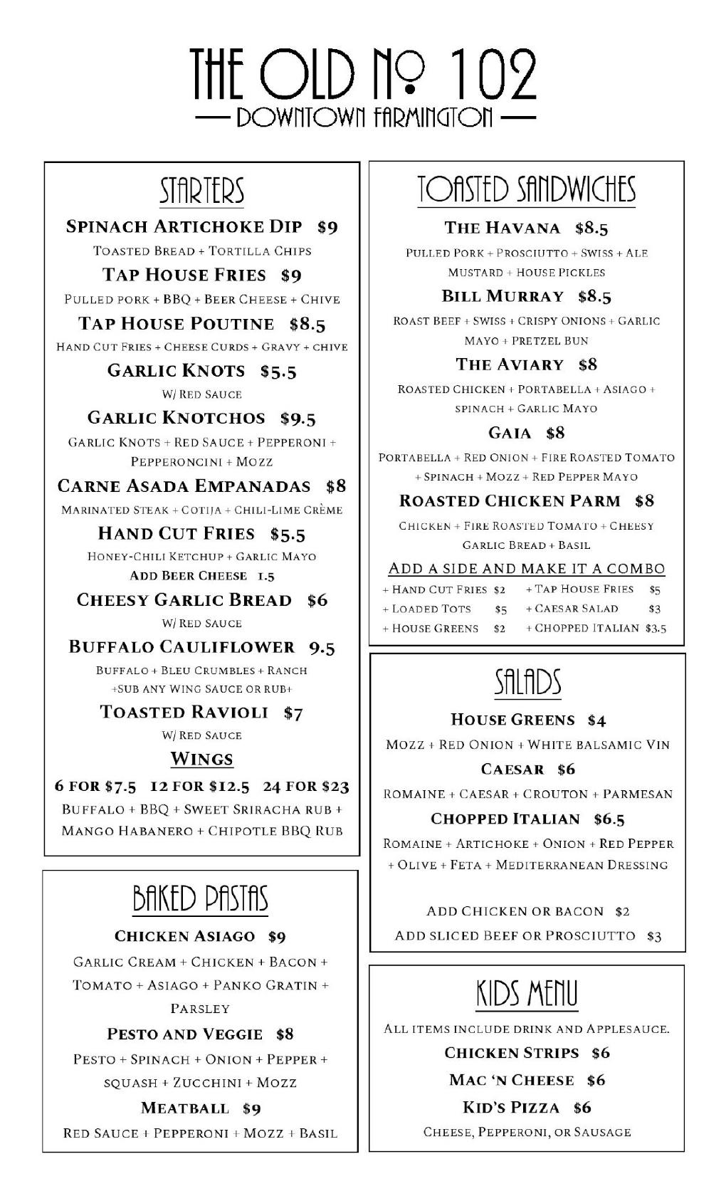 Menu at The Old no. 102 Tap House pub & bar, Farmington