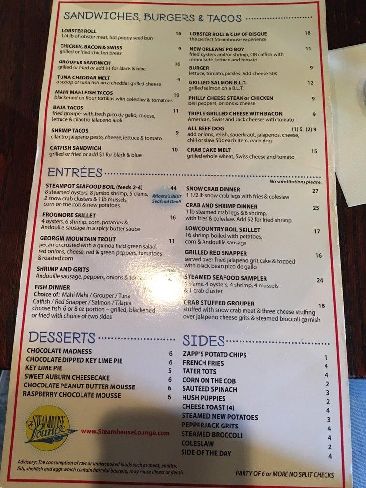 Menu at The Steamhouse Lounge pub & bar, Atlanta, W Peachtree St NW