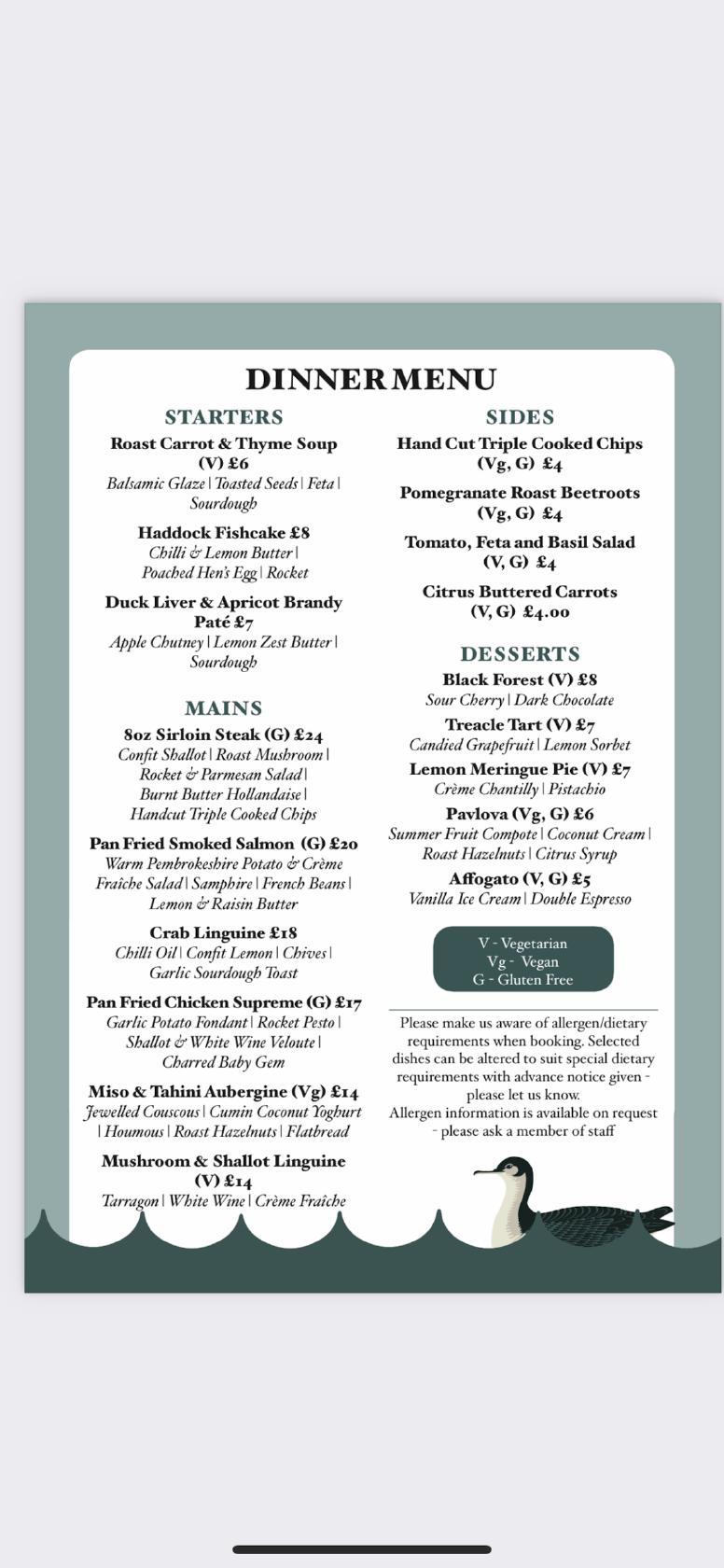 Menu at The Wanderer's Rest restaurant, Llanteg