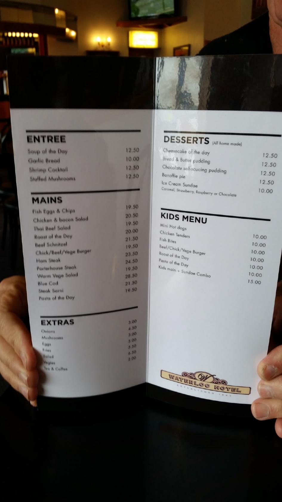 Menu at Waterloo Hotel pub & bar, Dunedin