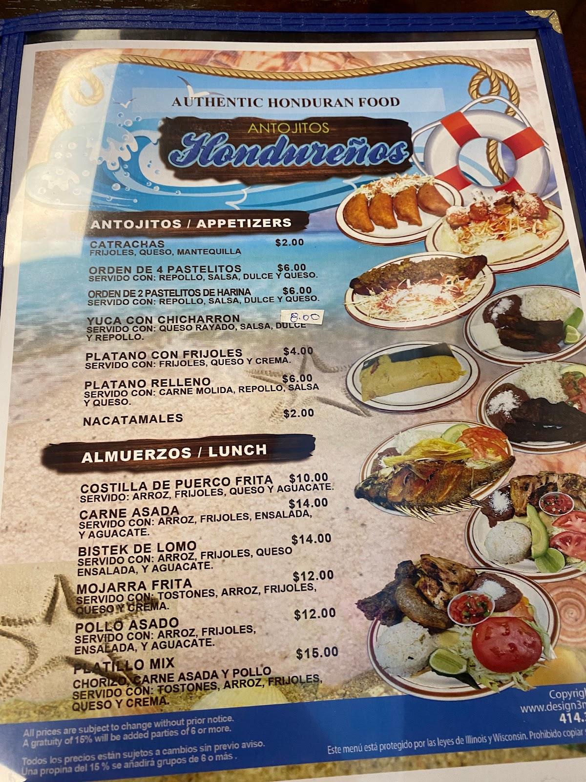 Menu at Antojitos Hondureños restaurant, Waukegan
