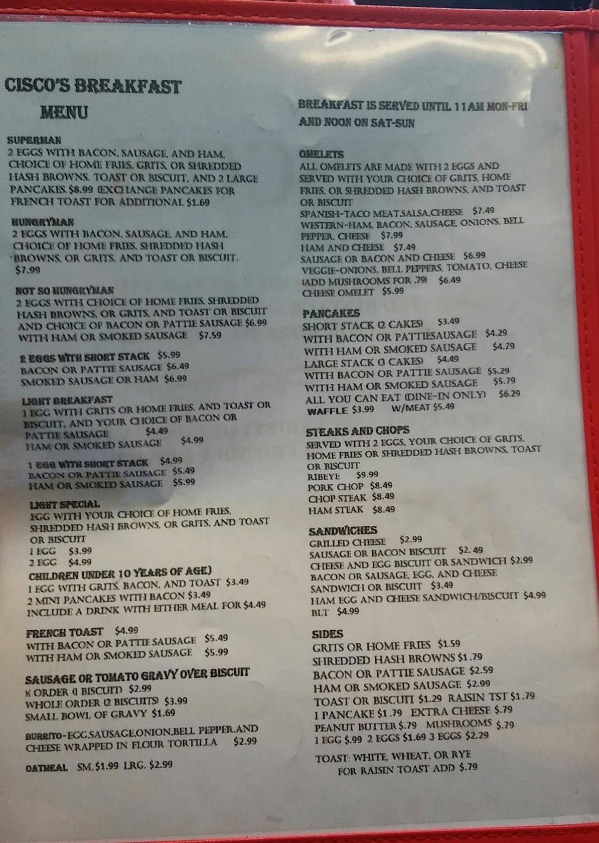 Menu at Cisco's Restaurant, Milton