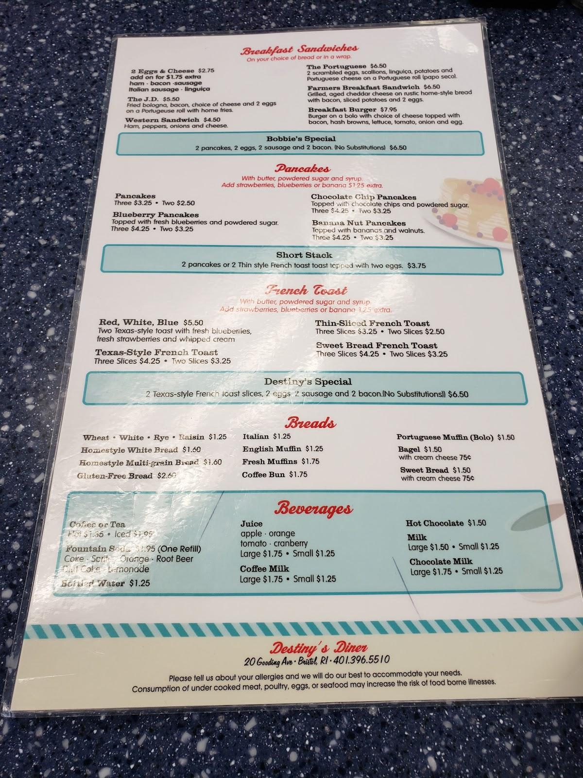 Menu at Destiny's Diner restaurant, Bristol