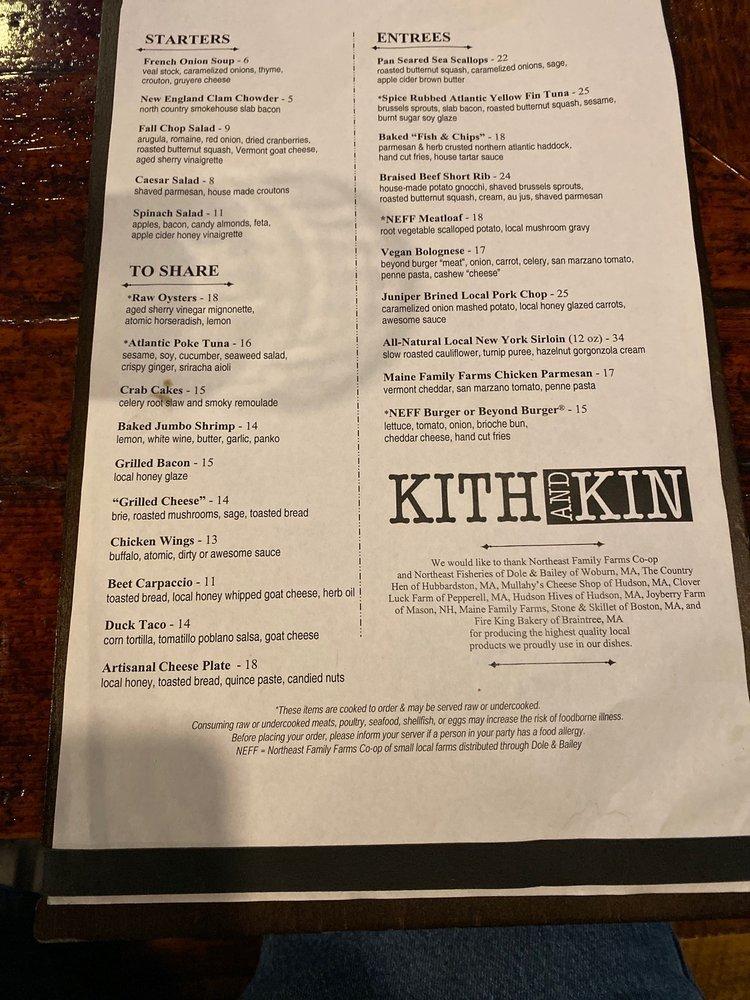 Menu at Kith and Kin pub & bar, Hudson