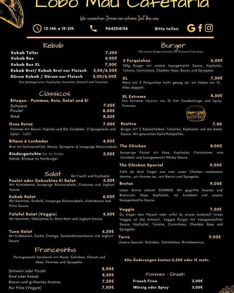 Menu em Lobo Mau Cafetaria, Canas de Senhorim