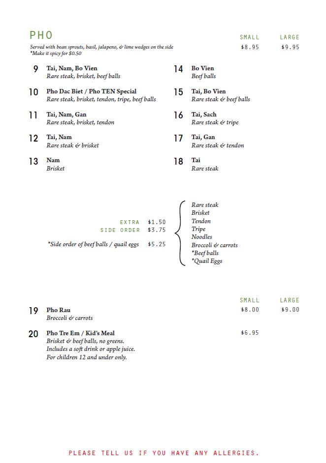 Menu at Pho Ten restaurant, Richmond