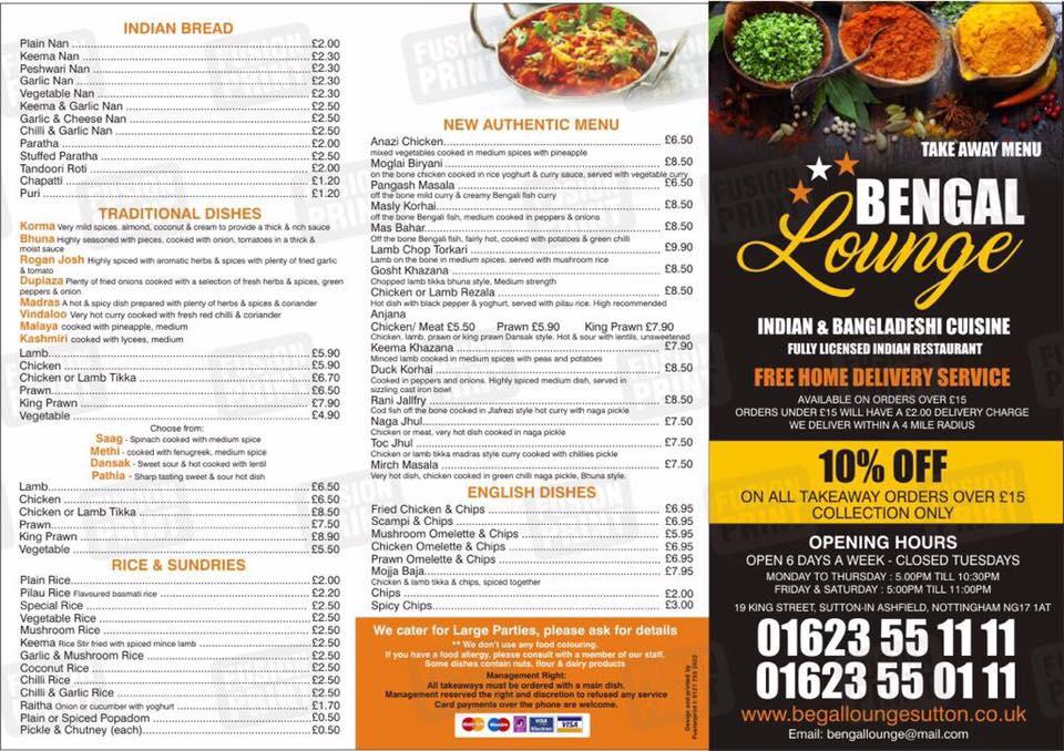 Menu at The Bengal Lounge restaurant, Sutton-in-Ashfield