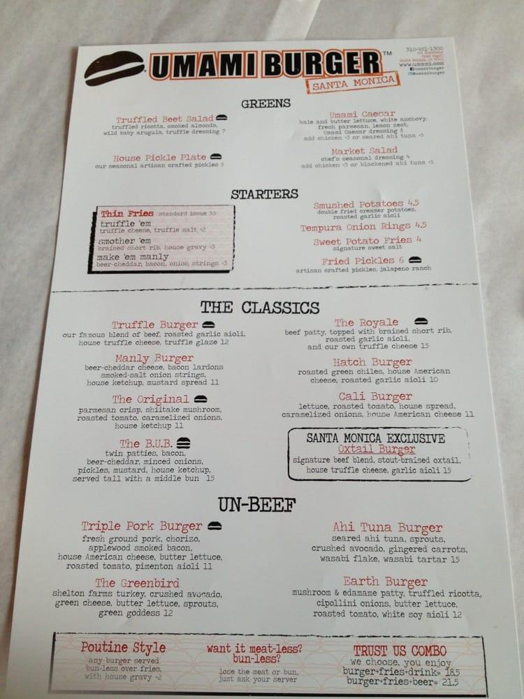 Menu at Umami Burger restaurant, Santa Monica