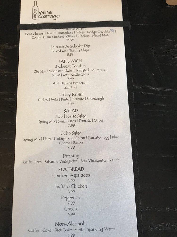 Menu at AJ's Wine & Dine Garage aka305 Wine Garage Inc pub & bar, Fortville