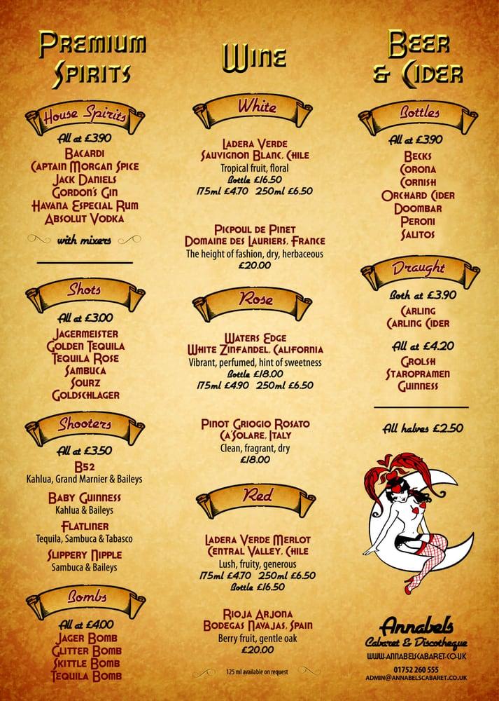 Menu at Annabel's Cabaret and Discotheque, Plymouth