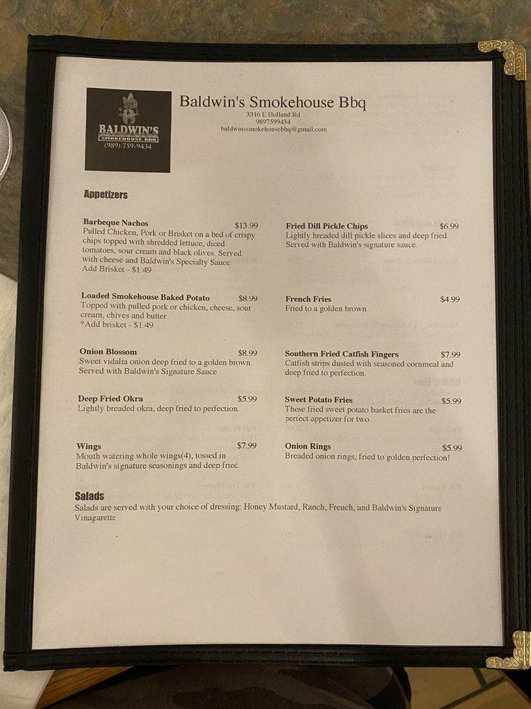 Menu at Baldwin's Smokehouse BBQ, Saginaw