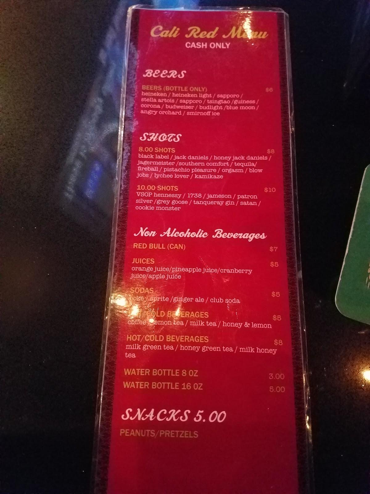 Menu at Cali Red Bar & Lounge, New York City