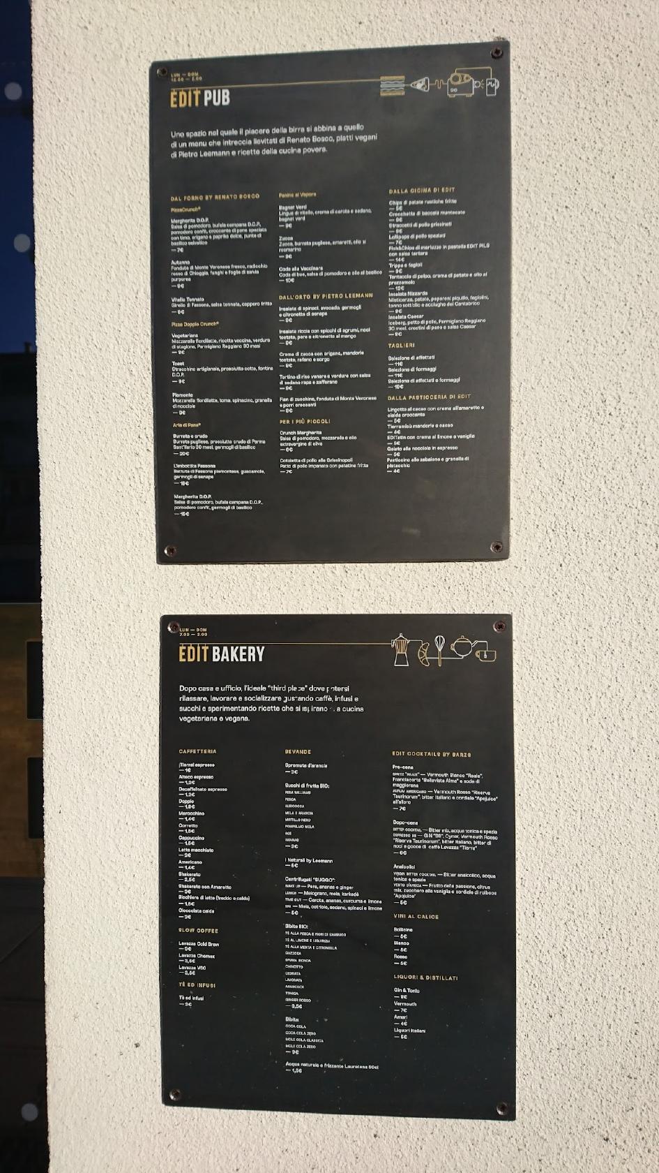 Menu da EDIT pub & bar, Torino