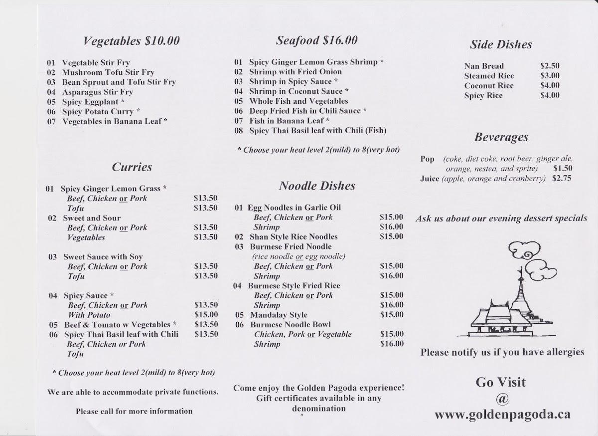 Menu at Golden Pagoda Burmese Asian Restaurant, Saskatoon