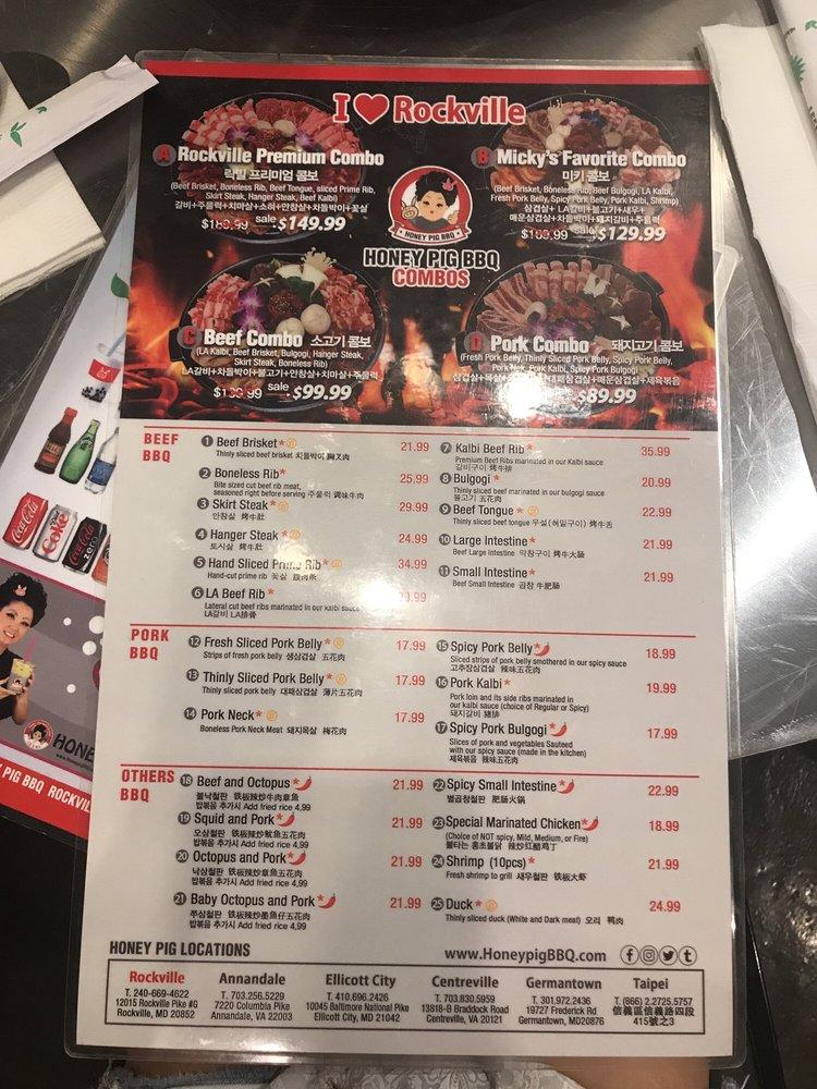 Carta de Honey Pig Korean BBQ, Rockville