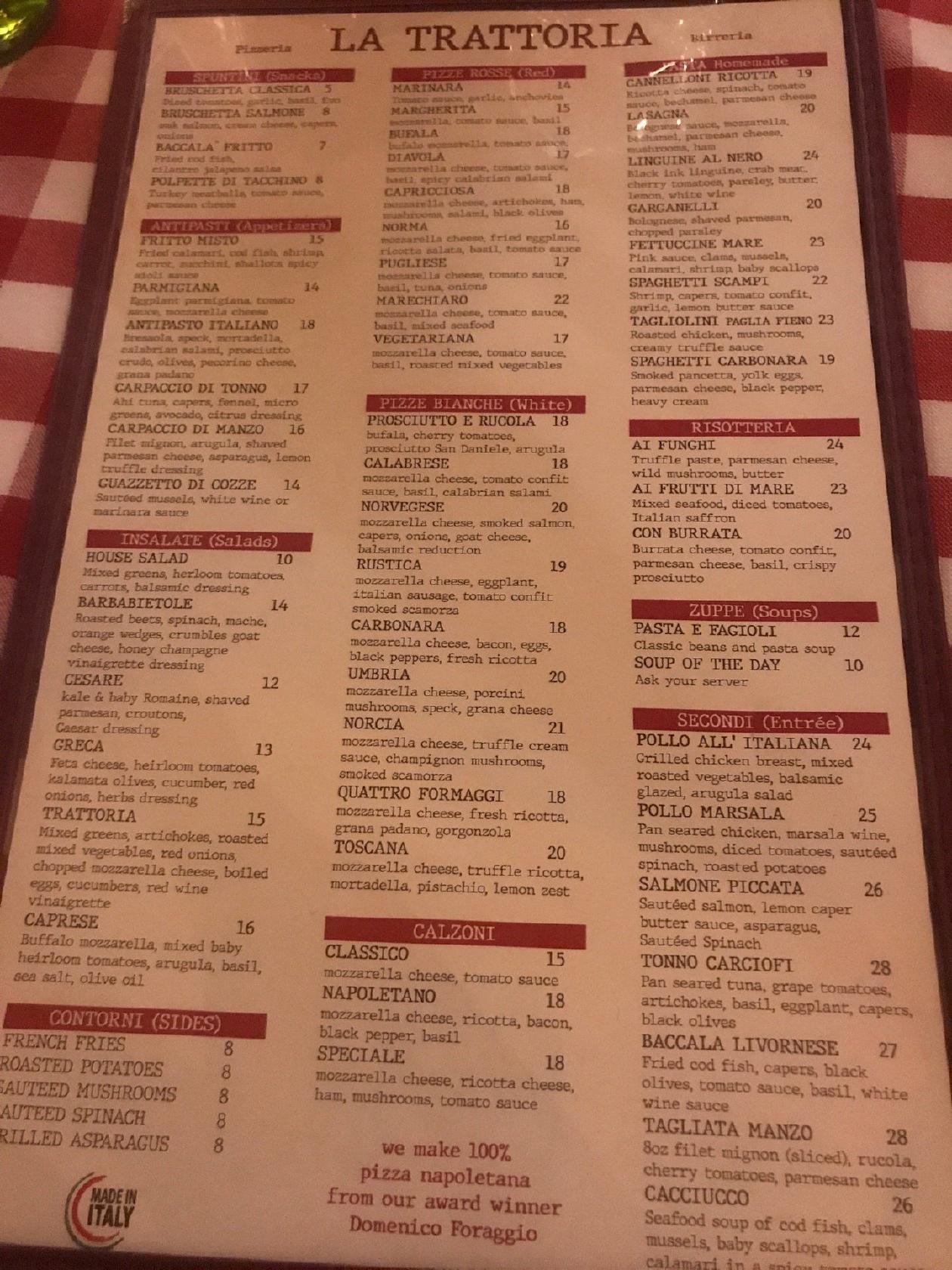 Menu at La Trattoria pizzeria, Naples