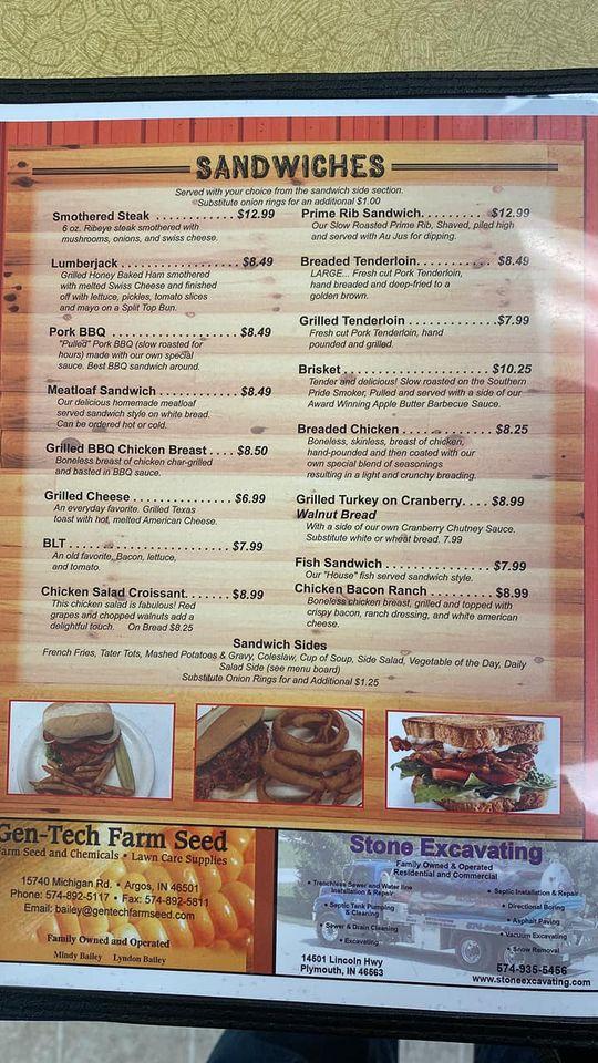 Menu at Log House Restaurant, Argos, 101 N Michigan St