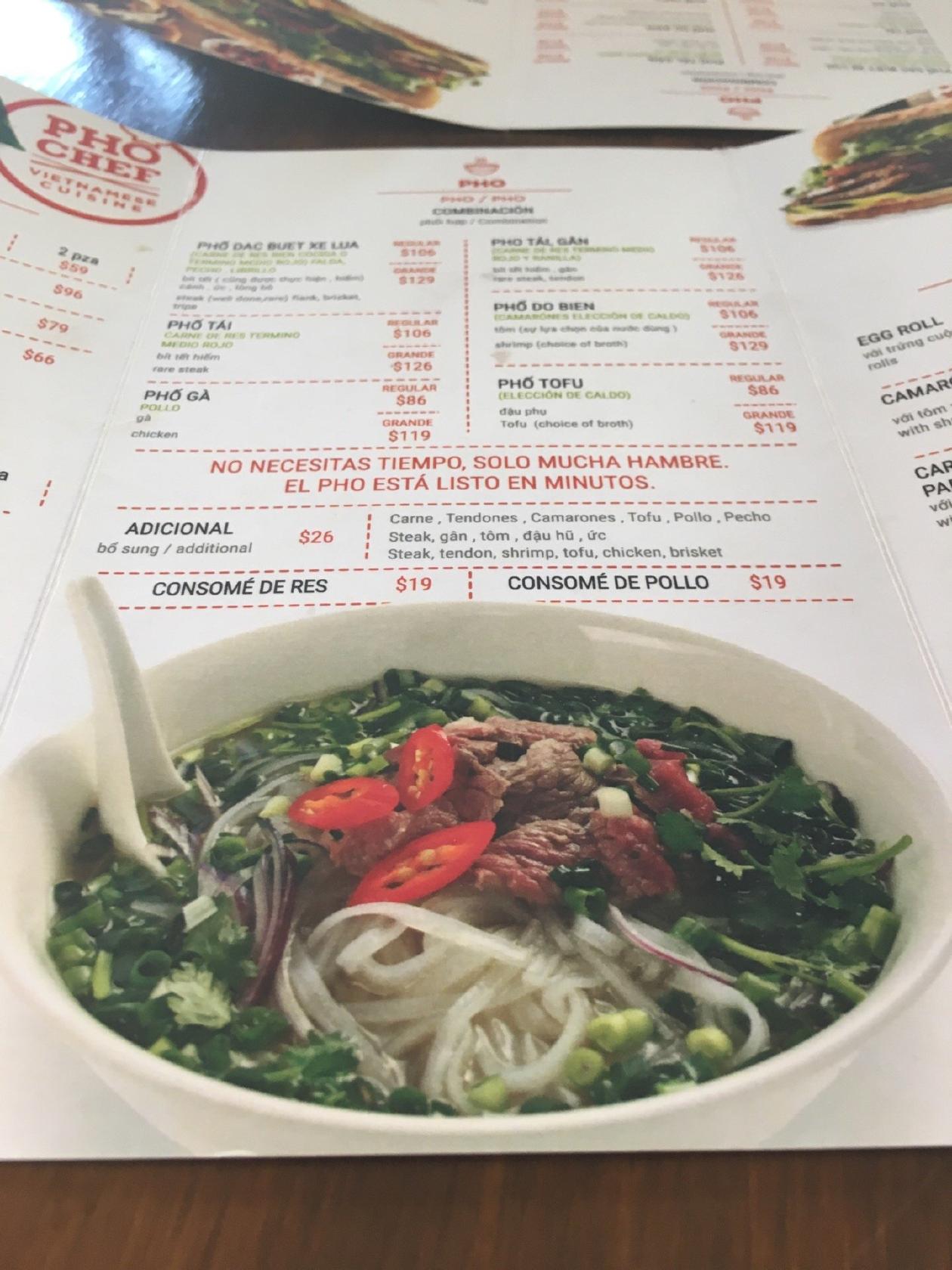 Carta del restaurante Pho Chef, Guadalajara