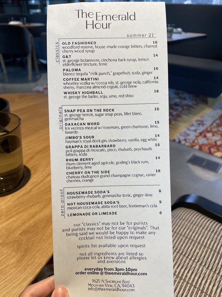Menu at The Emerald Hour pub & bar, Mountain View, N Shoreline Blvd
