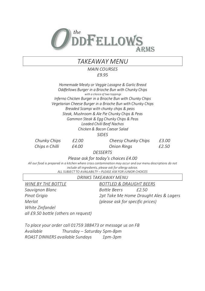 Menu at The Oddfellows Arms pub & bar, Wilberfoss