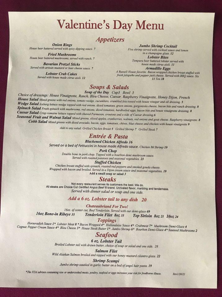 Menu at The Russell House Restaurant Inn and Brewery, Hillsboro