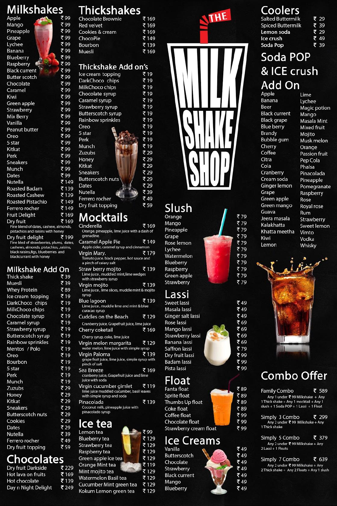 Menu at The Milkshake Shop, Kakinada, beside Pragathi College Road