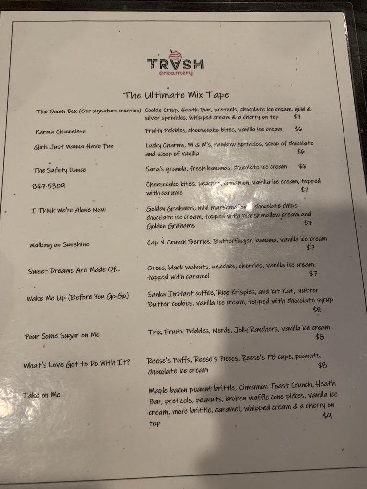 Menu at Trash Ice Cream restaurant, Bentonville