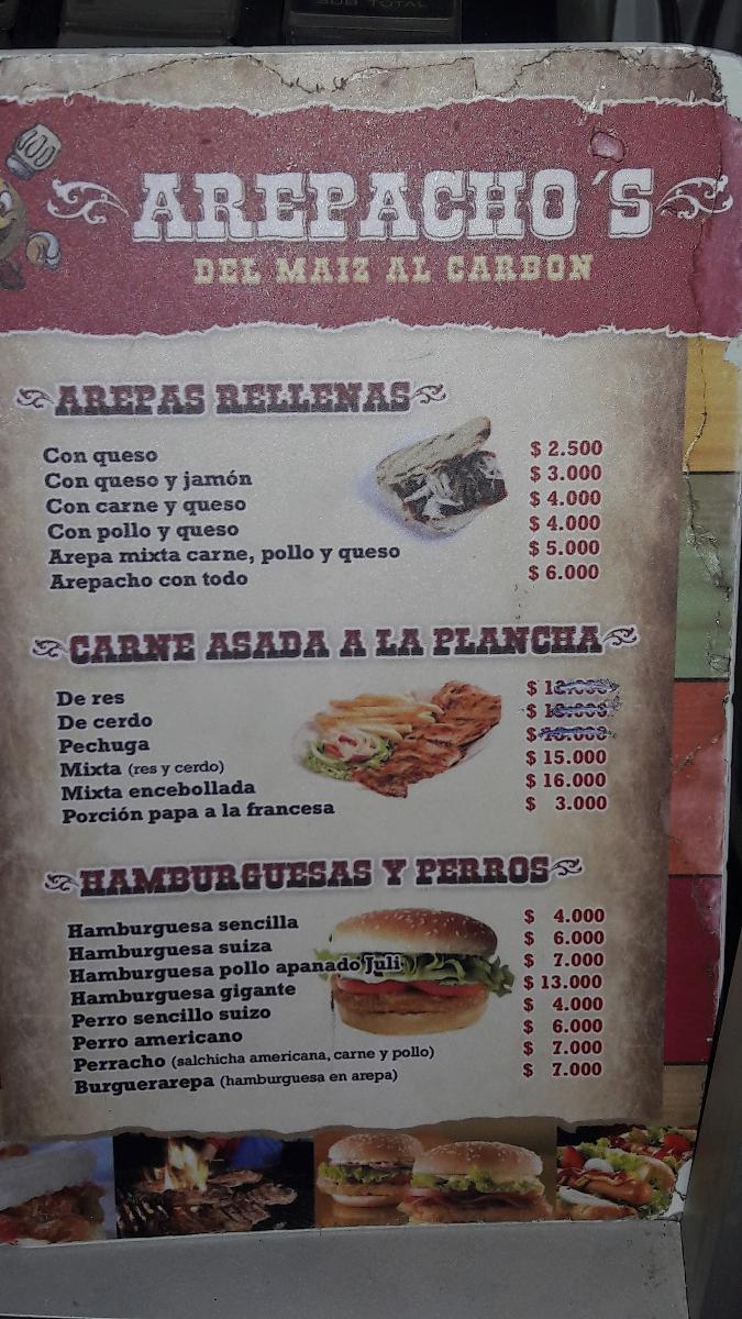 Menu at Arepachos restaurant, Agua de Dios