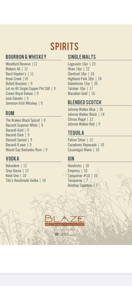 Menu at Blaze Bistro and Lounge steakhouse, Winnipeg