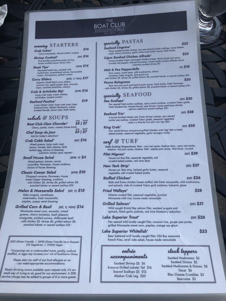 Menu at Boat Club Restaurant, Duluth