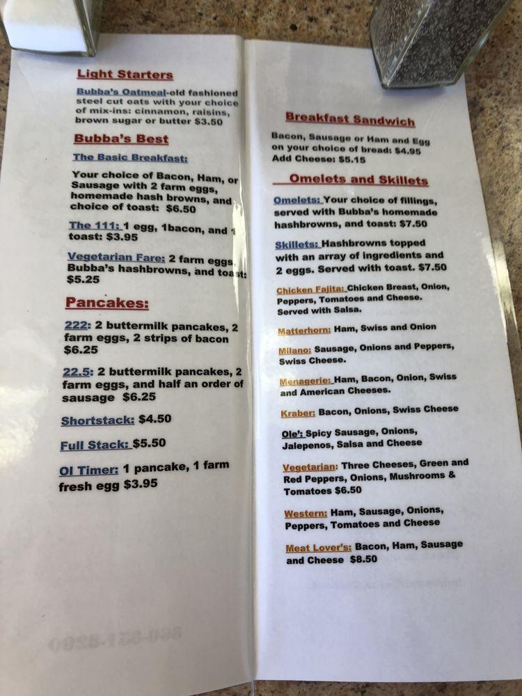 Menu at Bubba's Burger Bar And Egg Emporium, Moberly