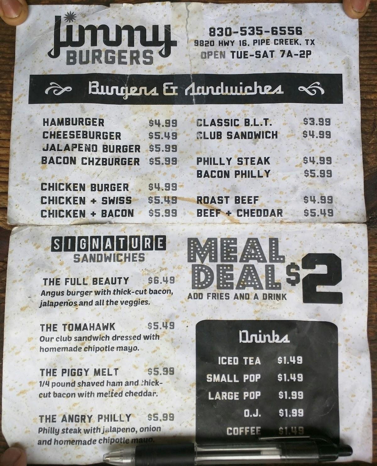 Menu at Jimmy Burgers restaurant, Bandera, 907 13th St