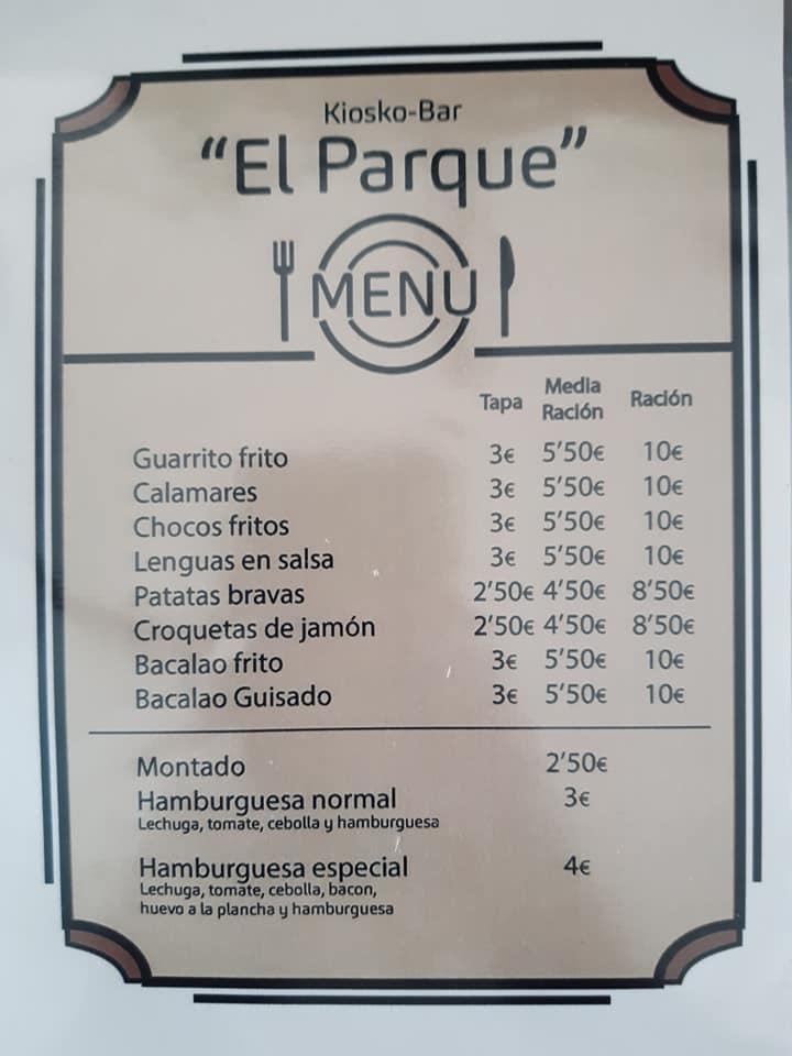 Menu at Kiosko-Bar El Parque, Fregenal de la Sierra