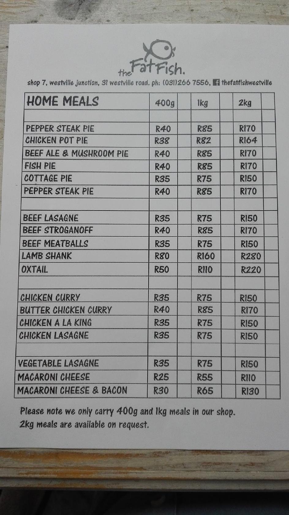 Menu at Fat Fish Westville restaurant, Durban, Shop 27