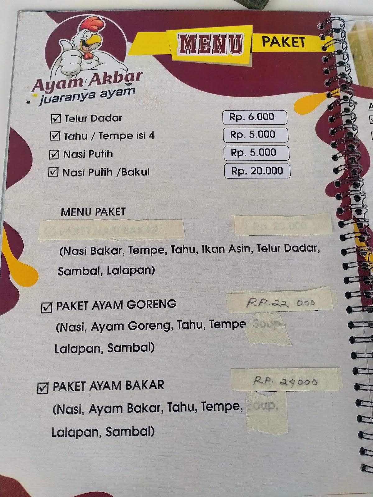 Menu at Ayam Akbar, Koba