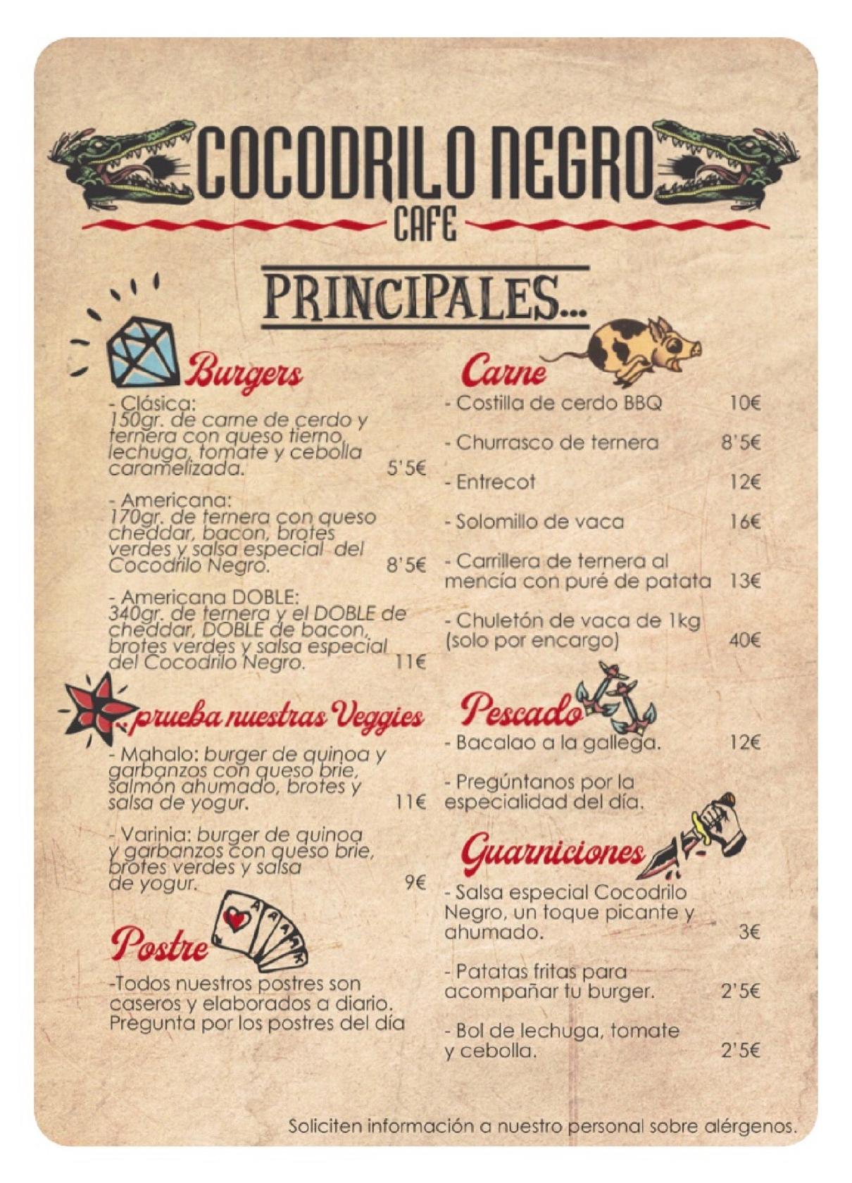 Menu at Cocodrilo Negro Cafe, Cabañas Raras