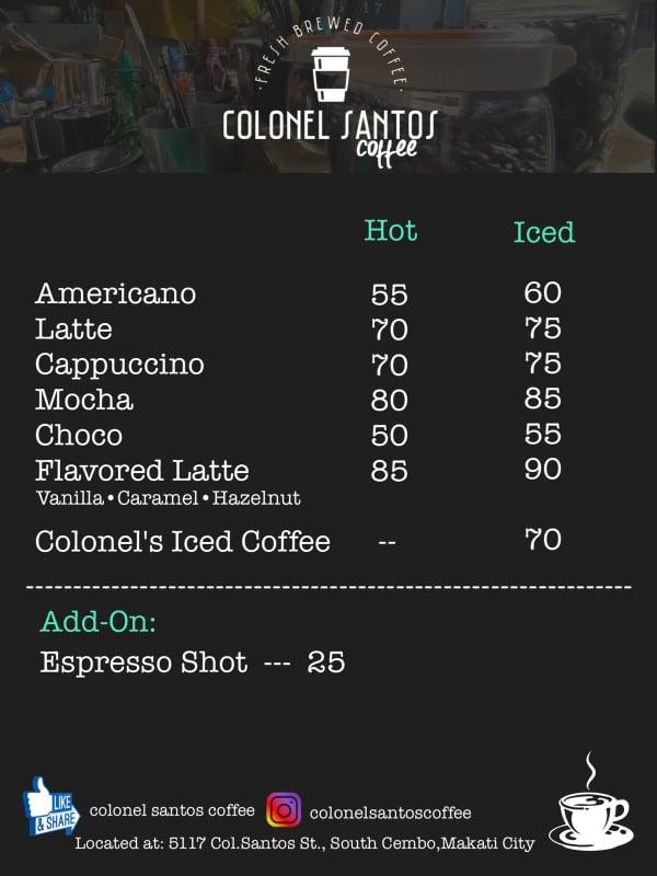 Carta del café Colonel Santos Coffee, Taguig