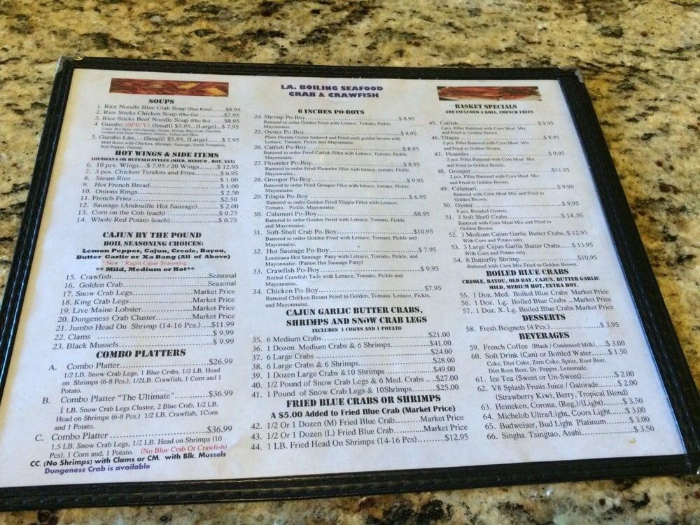 Menu at LA. Boiling Seafood Crab & Crawfish restaurant, Orlando
