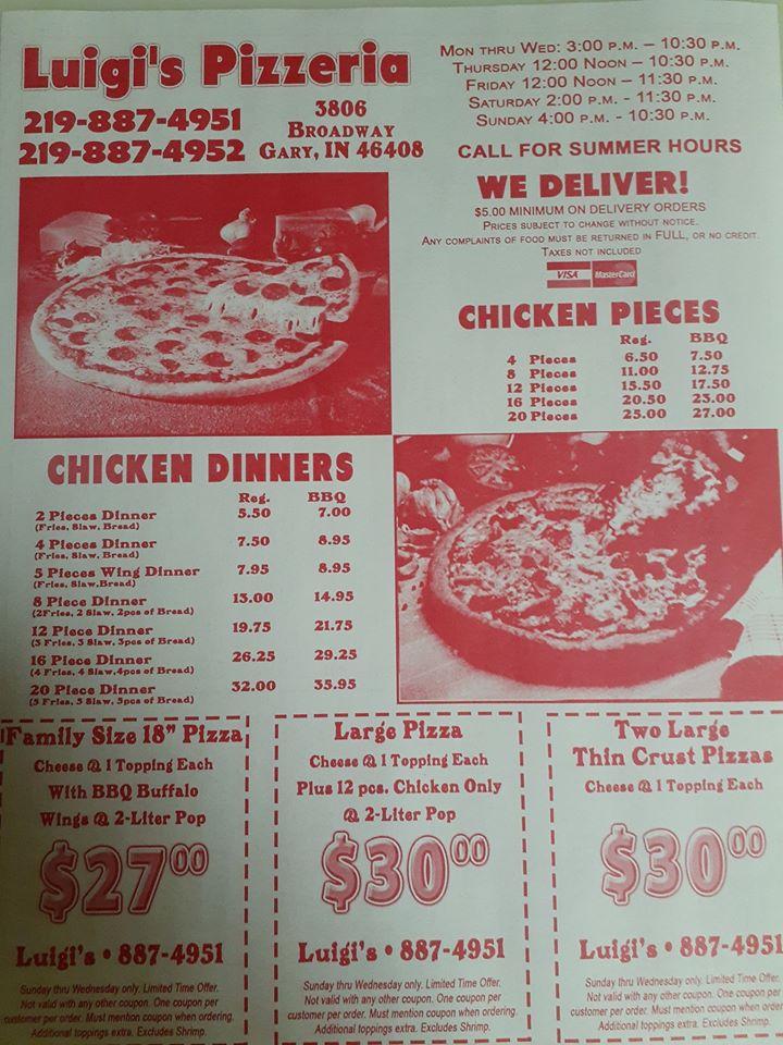 Menu at Luigi’s Pizzaria pizzeria, Gary