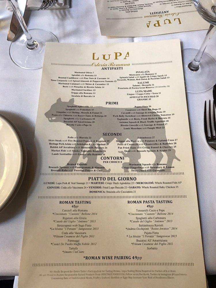 Menu at Lupa restaurant, New York City