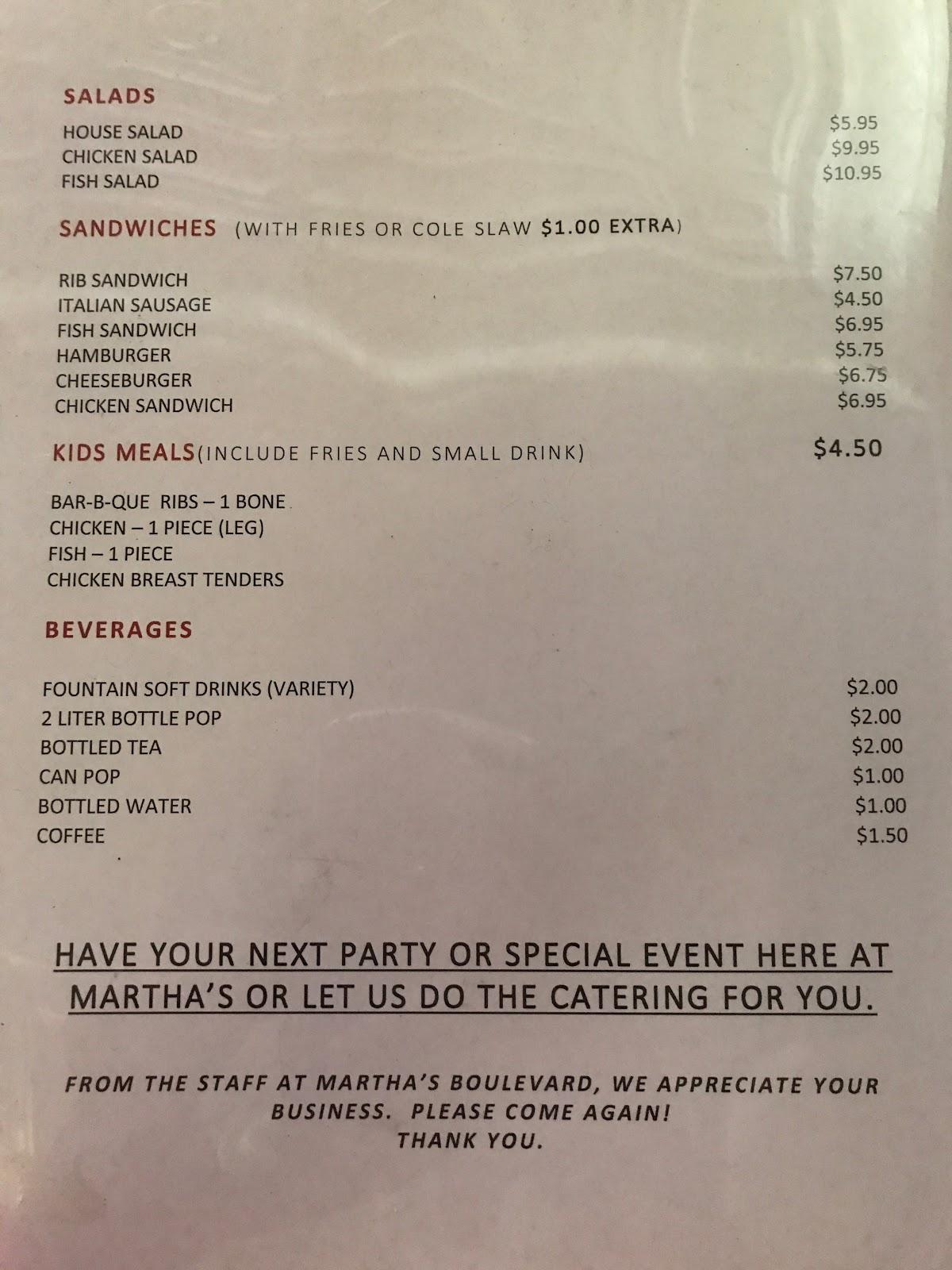 Menu at Martha's Boulevard Tavern BBQ, Youngstown