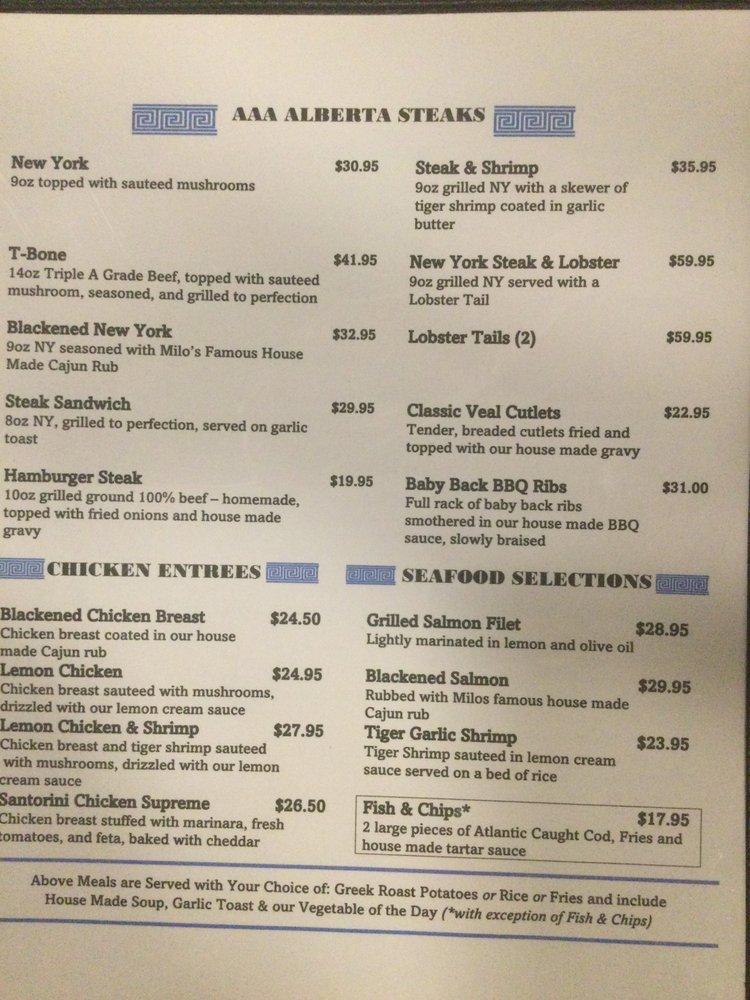 Menu at Milos Grill steakhouse, Hinton, 120 Felaber Rd