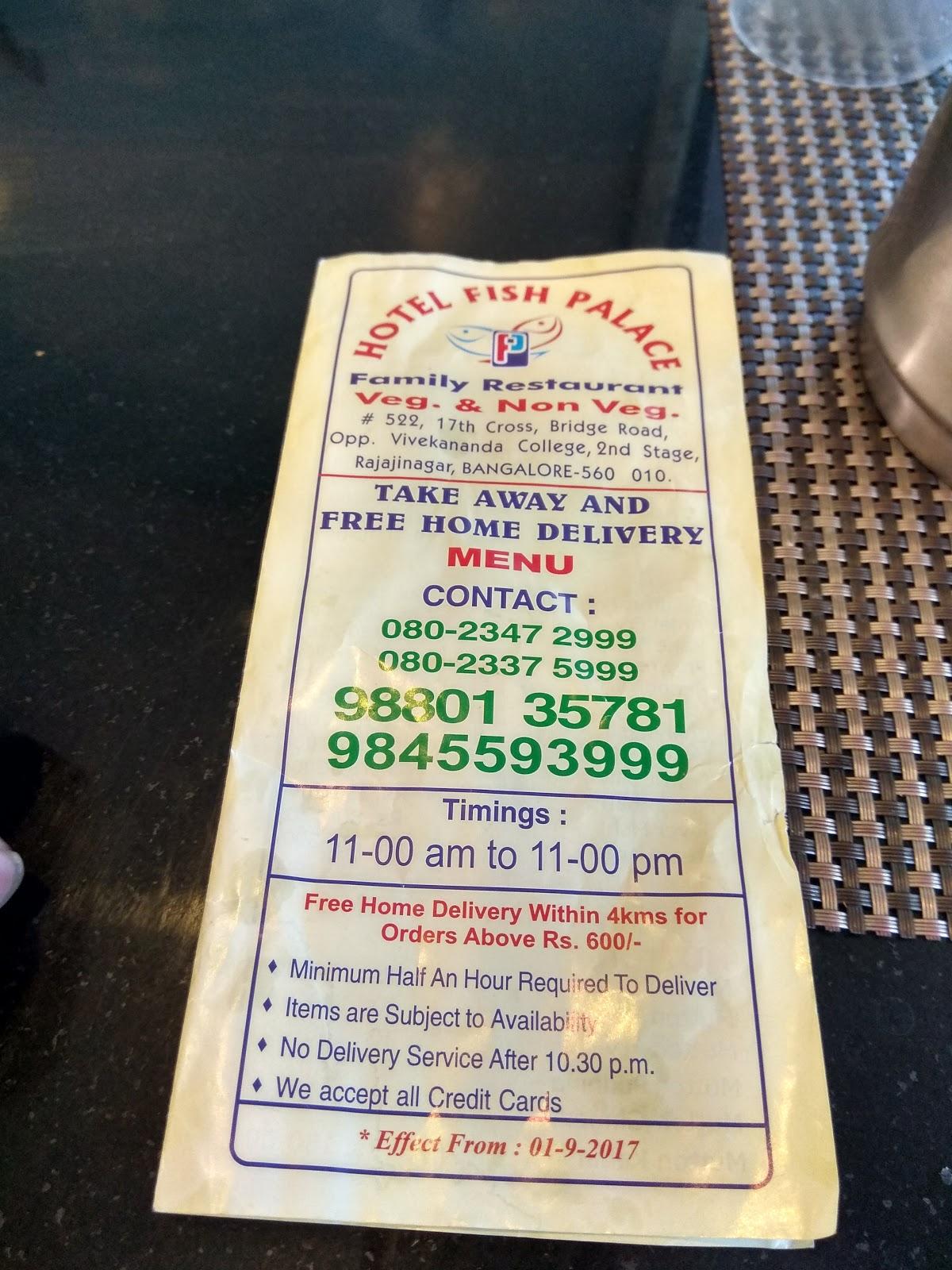 Menu at Namma Fish Palace, Bengaluru, 522