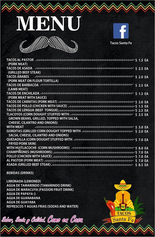 Menu at Tacos Santa Fe restaurant, New Haven