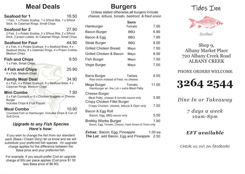 Menu at Tides Inn Fish Cafe, Albany Creek