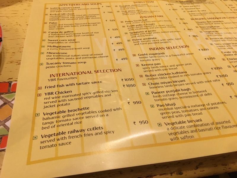Menu at Yellow Brick Road, Delhi, Subramania Bharti Marg