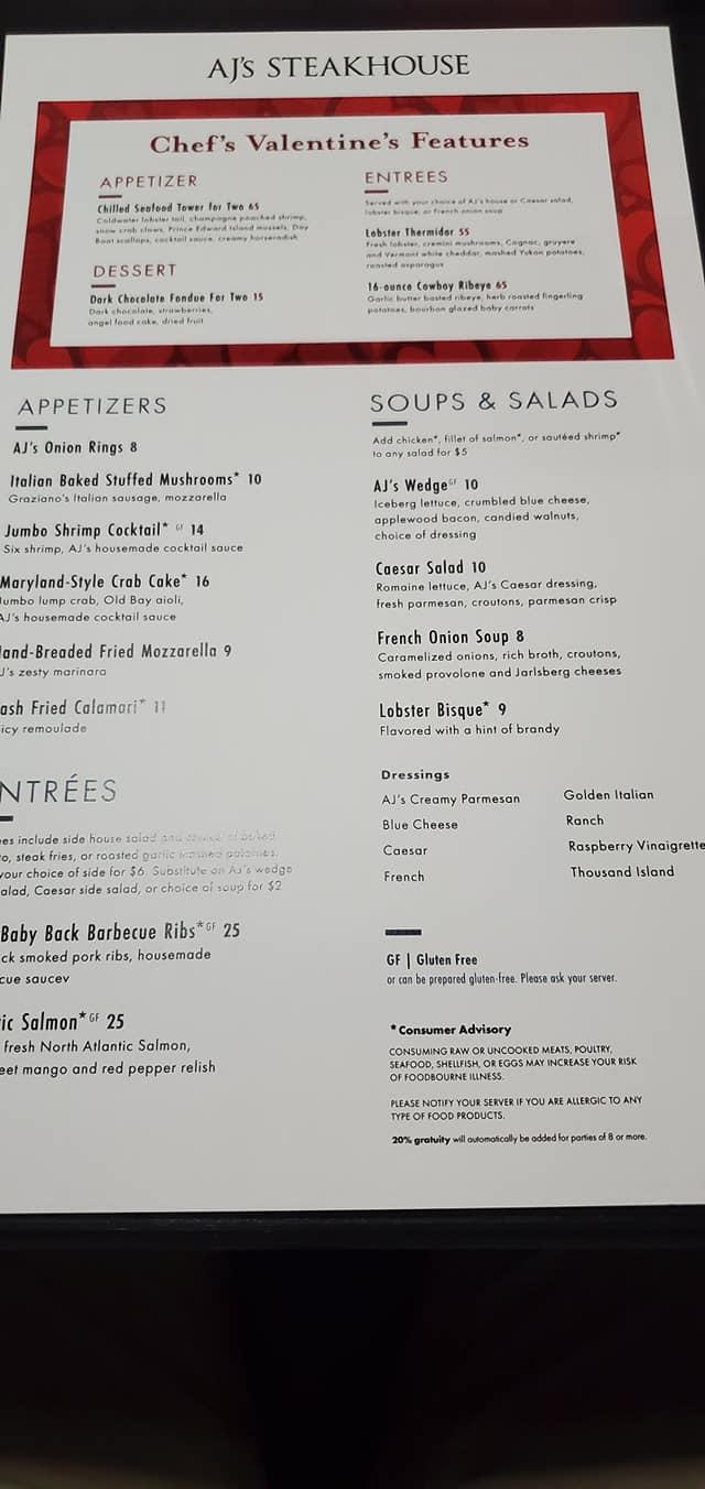 Menu at AJ's Steakhouse, Altoona